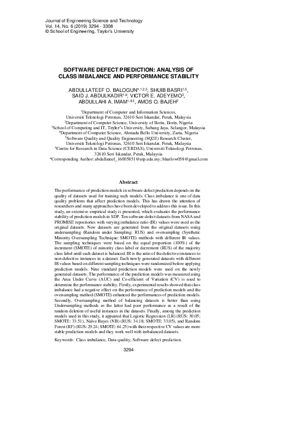 (PDF) Software Defect Prediction: Analysis of Class Imbalance and Performance Stability