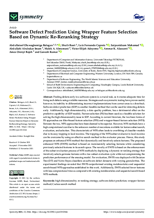 (PDF) Software Defect Prediction Using Wrapper Feature Selection Based on Dynamic Re-Reranking ...