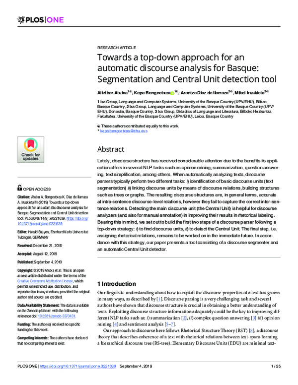 Pdf Towards A Top Down Approach For An Automatic Discourse Analysis For Basque Segmentation