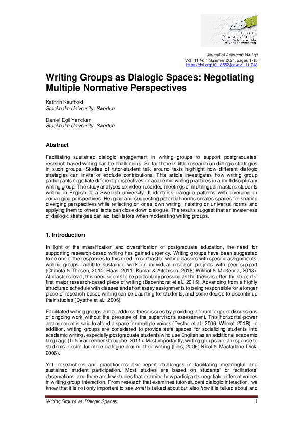 (PDF) Writing Groups as Dialogic Spaces: Negotiating Multiple Normative Perspectives