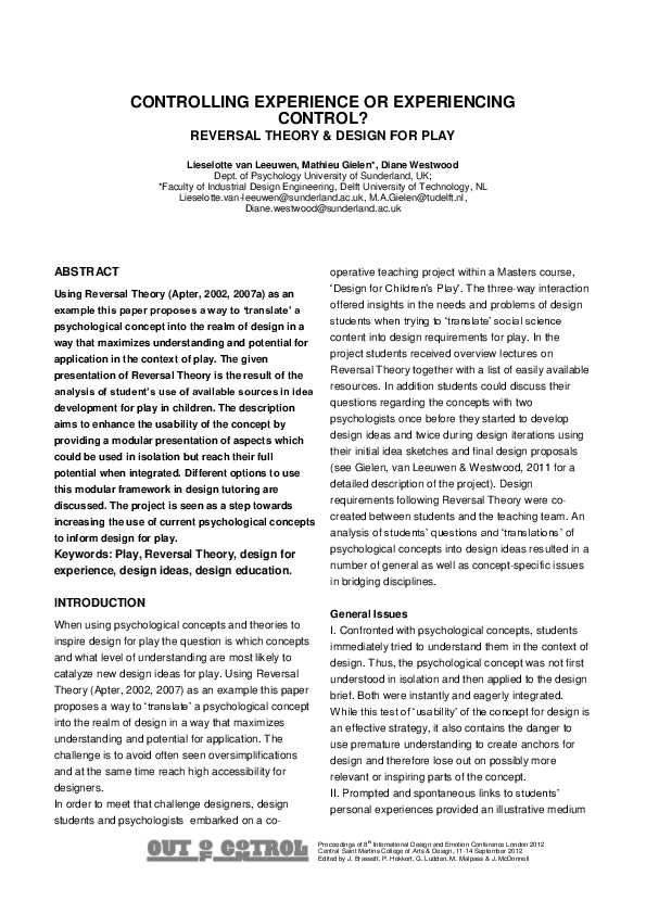 (PDF) Reversal Theory & Design for Play