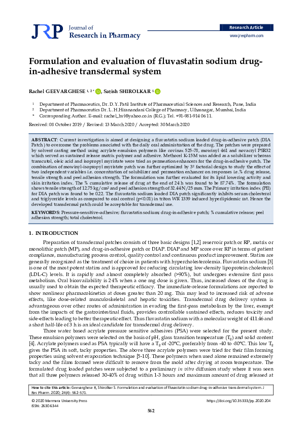 Pdf Formulation And Evaluation Of Fluvastatin Sodium Drug In Adhesive Transdermal System