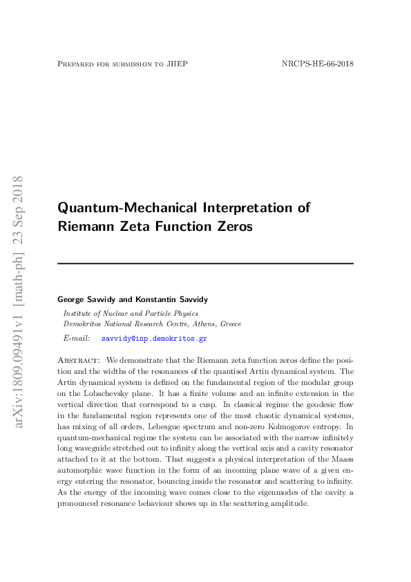 (PDF) Quantum-Mechanical interpretation of Riemann zeta function zeros