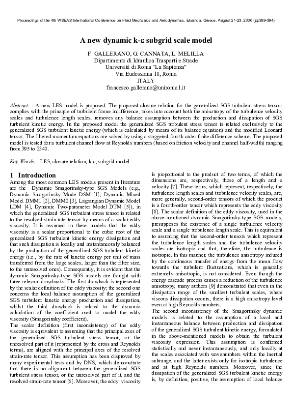 (PDF) A new dynamic k-ε subgrid scale model
