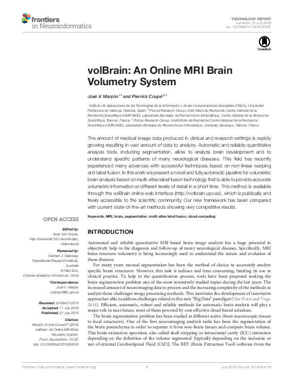 (PDF) volBrain: An Online MRI Brain Volumetry System