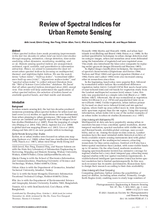 Pdf Review Of Spectral Indices For Urban Remote Sensing 