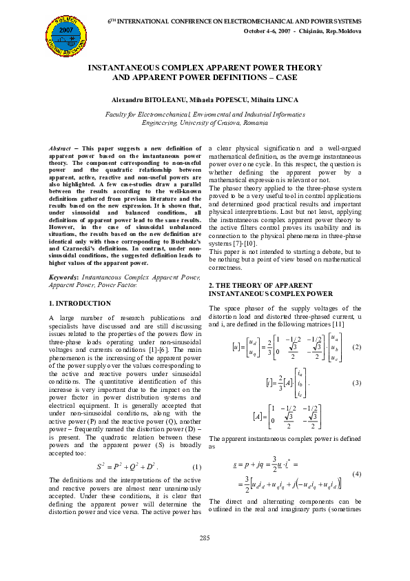 (PDF) Instantaneous Complex Apparent Power Theory and Apparent Power ...