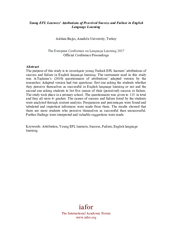 (PDF) Young EFL Learners’ Attributions of Perceived Success and Failure ...