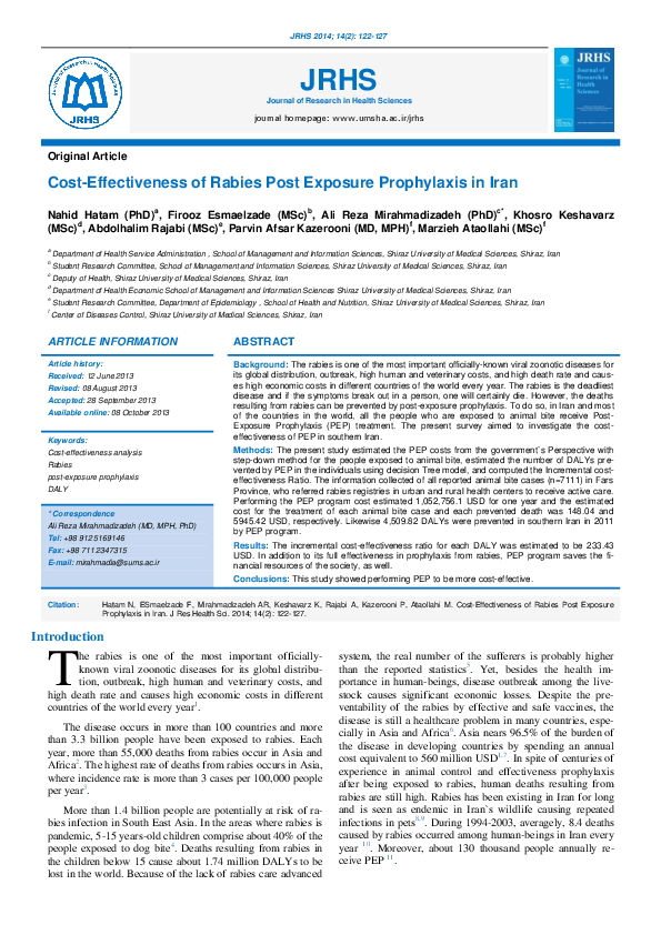 (PDF) Cost effectiveness of rabies post exposure prophylaxis in the ...