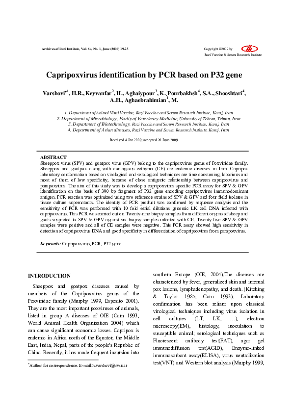 (PDF) Capripoxvirus identification by PCR based on P32 gene