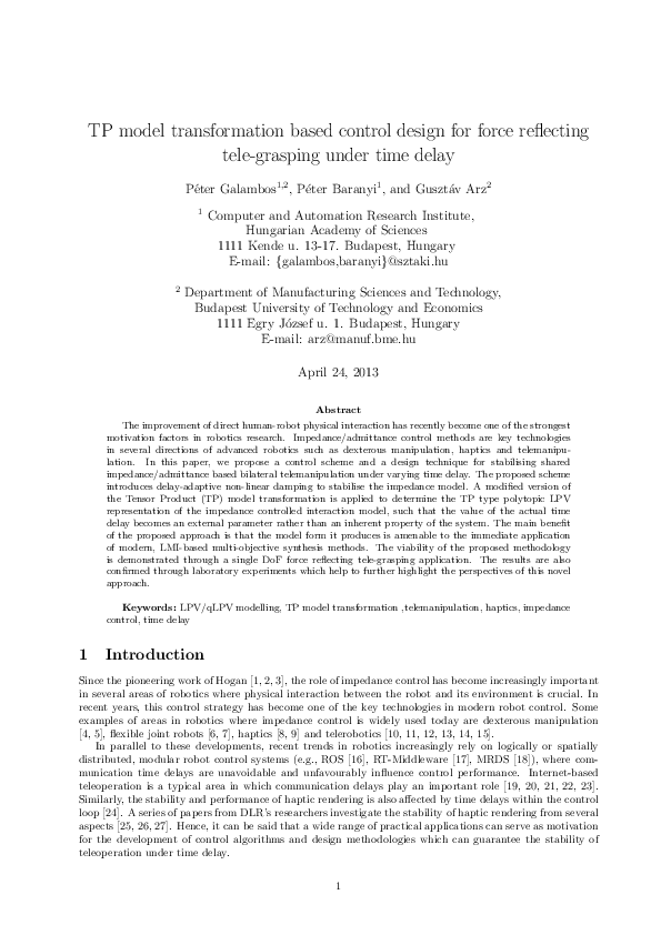 (PDF) TP model transformation based control design for force reflecting ...
