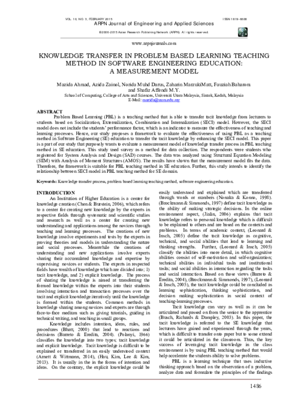 (PDF) Knowledge transfer in problem based learning teaching method in software engineering ...