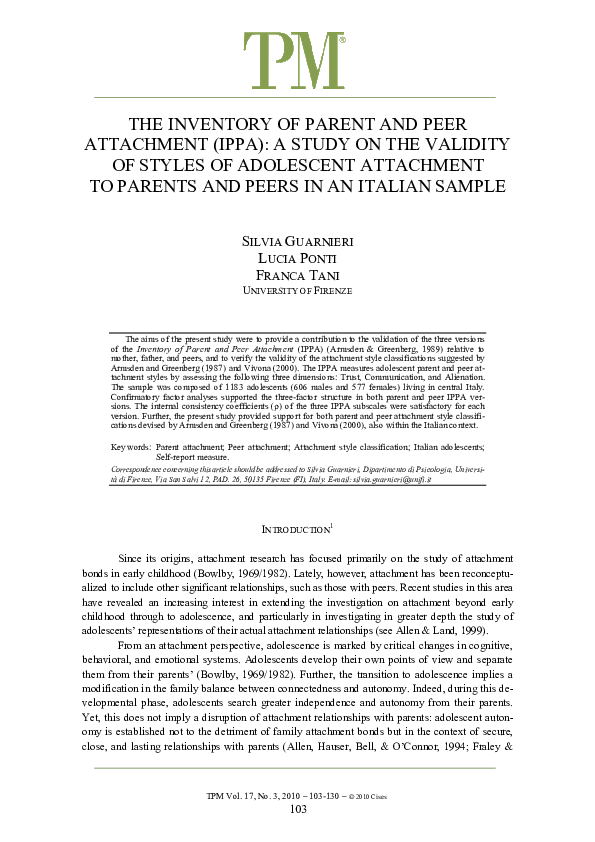 (PDF) The Inventory of Parent and Peer Attachment (Ippa): A Study on ...