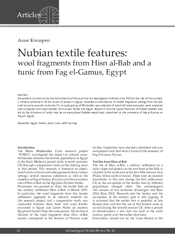 (PDF) Nubian textile features: wool fragments from Hisn al-Bab and a ...