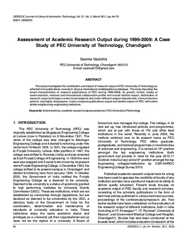 (PDF) Assessment of Academic Research Output during 1996-2009: A Case ...