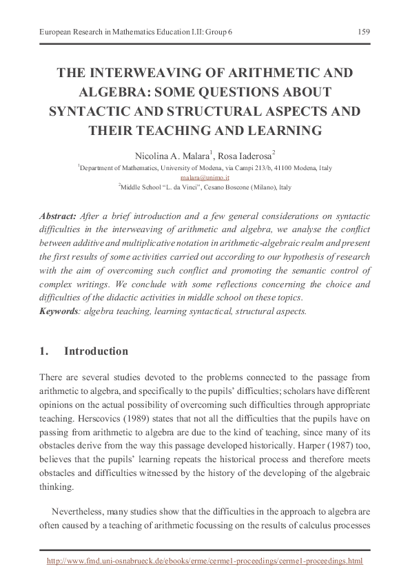 (PDF) The Interweaving of Arithmetic and Algebra : Some Questions About ...