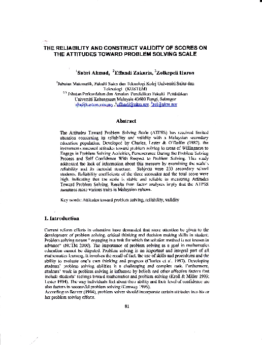(PDF) The Reliability and Construct Validity of Scores on the Attitudes toward Problem Solving Scale