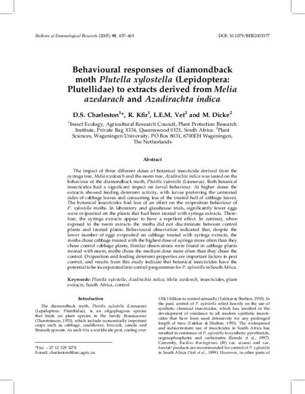 (PDF) Behavioural responses of diamondback moth Plutella xylostella ...