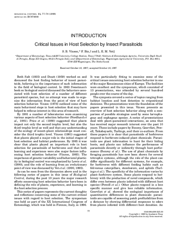 (PDF) Critical Issues in Host Selection by Insect Parasitoids