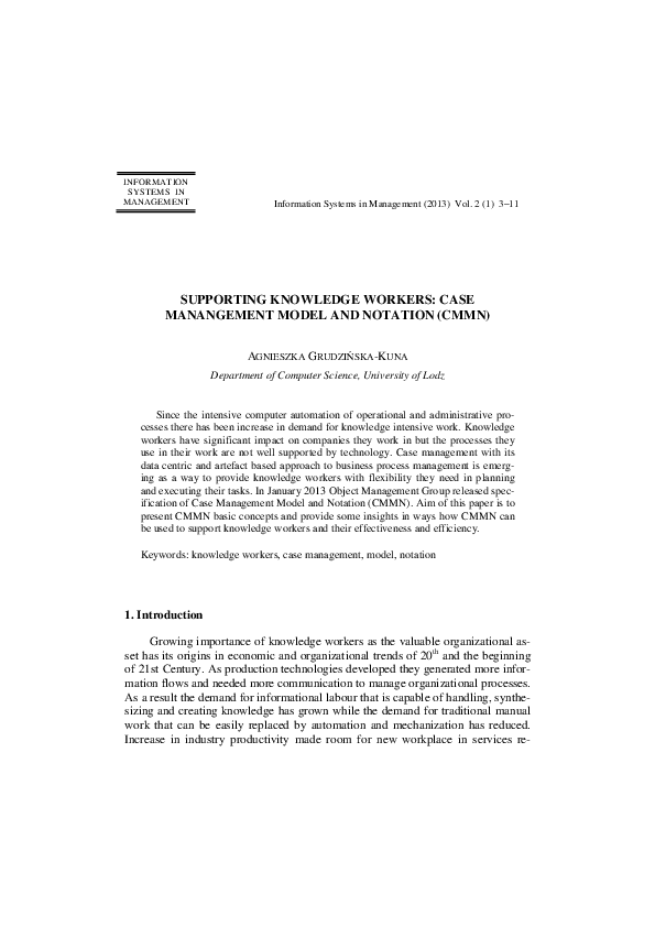 (PDF) Supporting Knowledge Workers: Case Manangement Model and Notation (CMMN)
