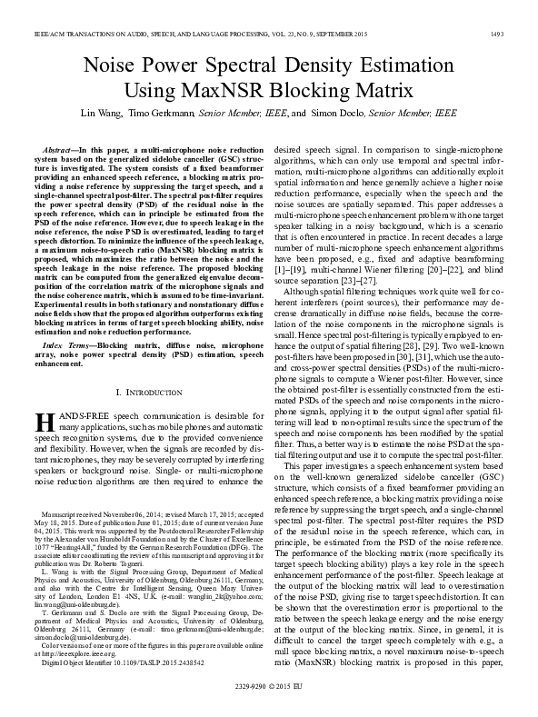 Pdf Noise Power Spectral Density Estimation Using Maxnsr Blocking Matrix
