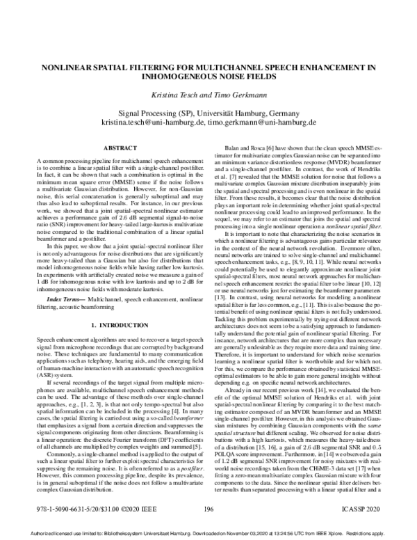 (PDF) Nonlinear Spatial Filtering for Multichannel Speech Enhancement in Inhomogeneous Noise Fields