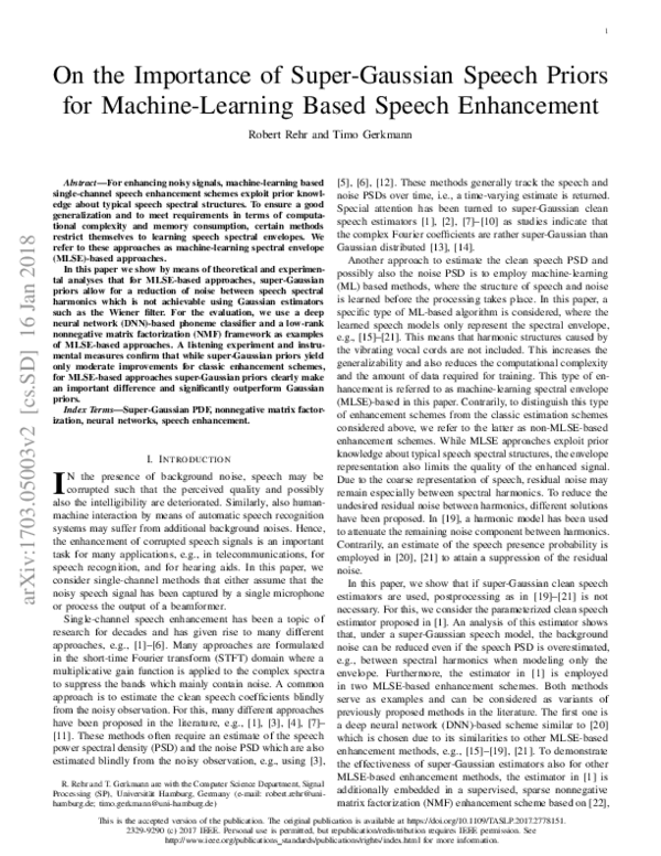 (PDF) On the Importance of Super-Gaussian Speech Priors for Machine-Learning Based Speech ...