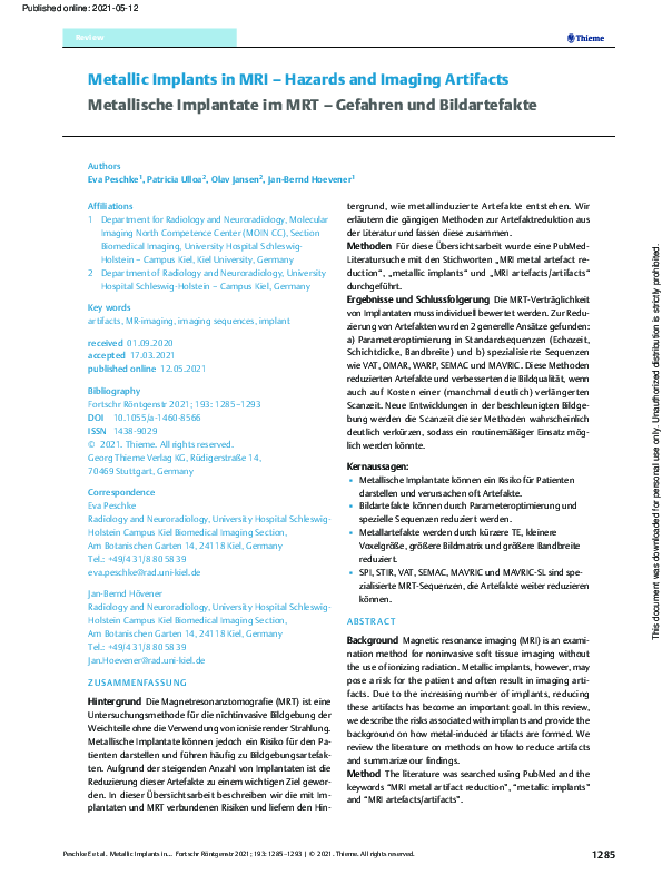 (PDF) Metallic Implants in MRI - Hazards and Imaging Artifacts