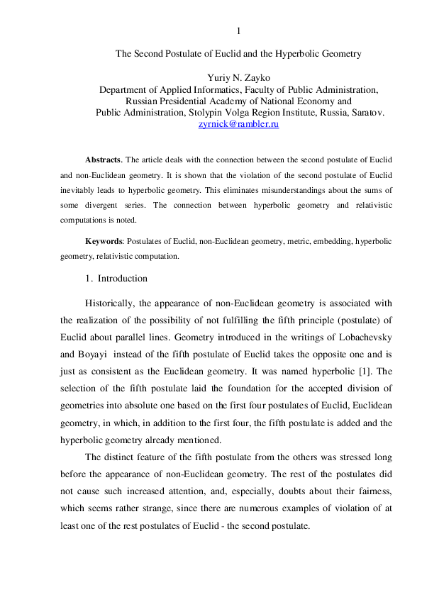 (PDF) The Second Postulate of Euclid and the Hyperbolic Geometry