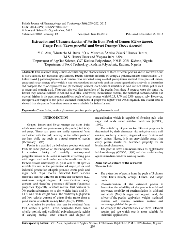 (PDF) Extraction and Characterization of Pectin from Peels of Lemon (Citrus limon), Grape Fruit ...