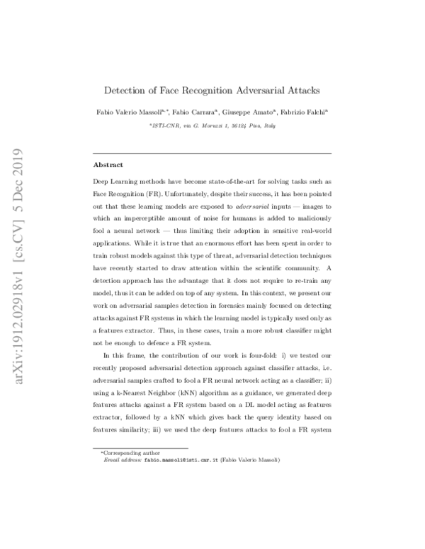 (PDF) Detection of Face Recognition Adversarial Attacks