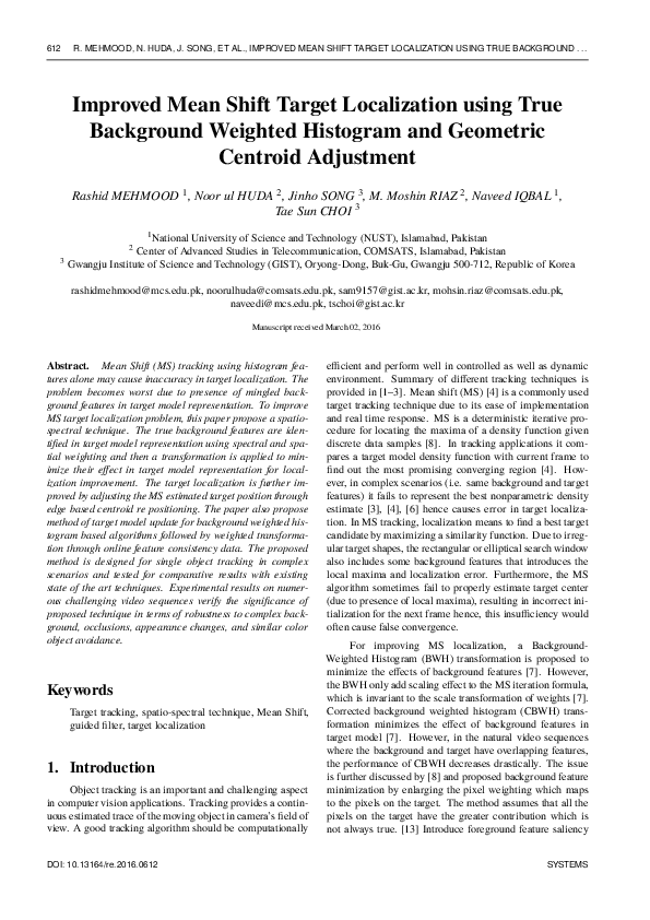 (PDF) Improved Mean Shift Target Localization using True Background Weighted Histogram and ...