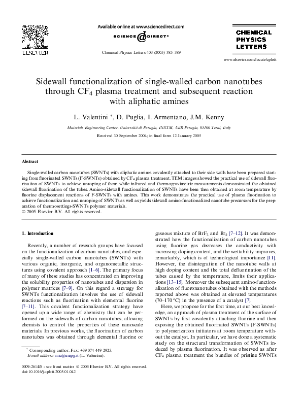 (PDF) Sidewall functionalization of single-walled carbon nanotubes through CF 4 plasma treatment ...