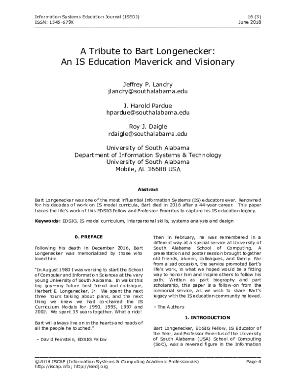(PDF) A Tribute to Bart Longenecker: An IS Education Maverick and Visionary