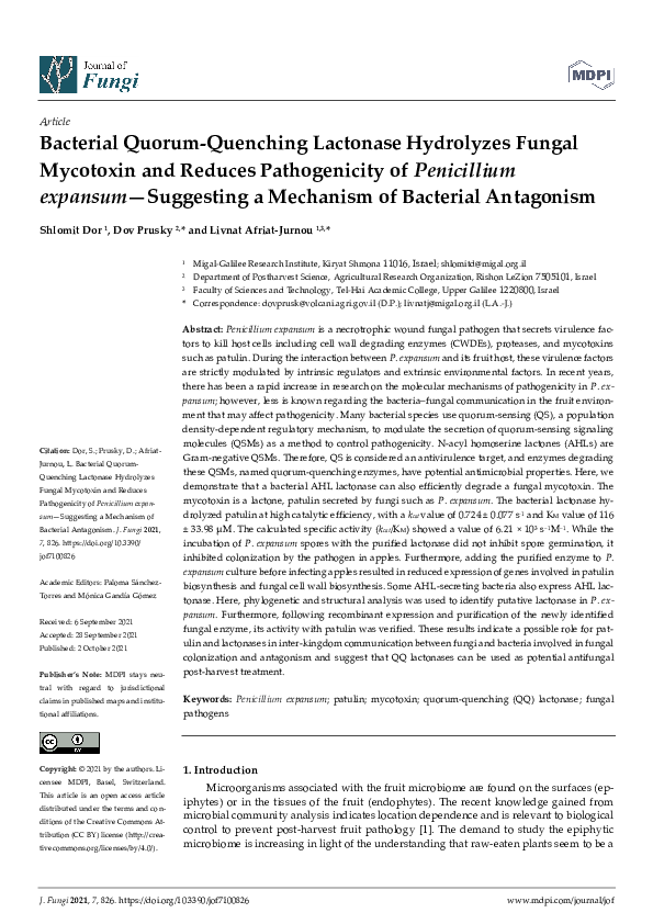 (PDF) Bacterial Quorum-Quenching Lactonase Hydrolyzes Fungal Mycotoxin ...