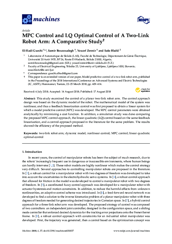 Pdf Mpc Control And Lq Optimal Control Of A Two Link Robot Arm A