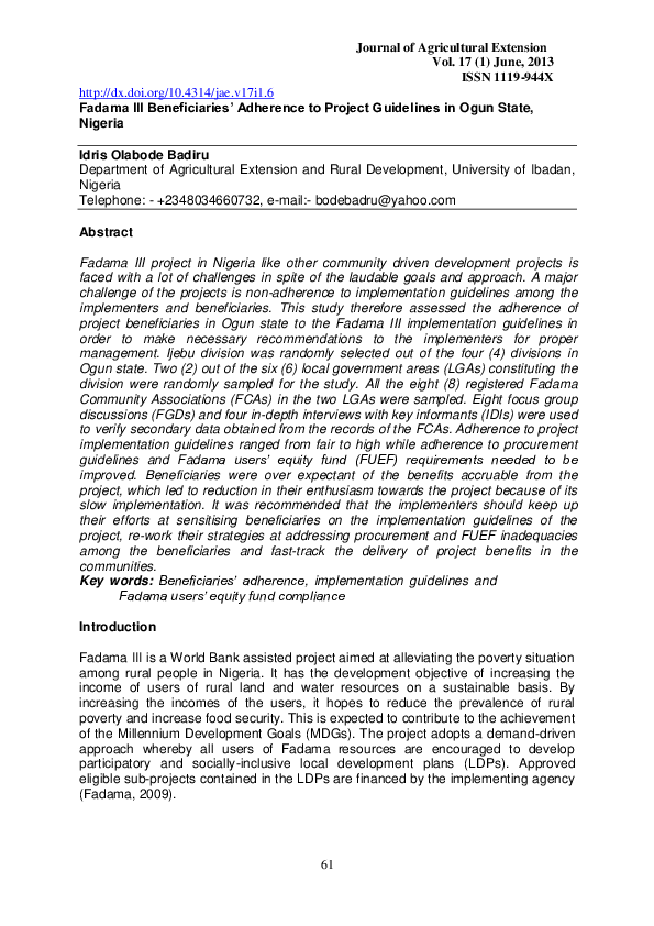 (PDF) Fadama III Beneficiaries’ Adherence to Project Guidelines in Ogun ...