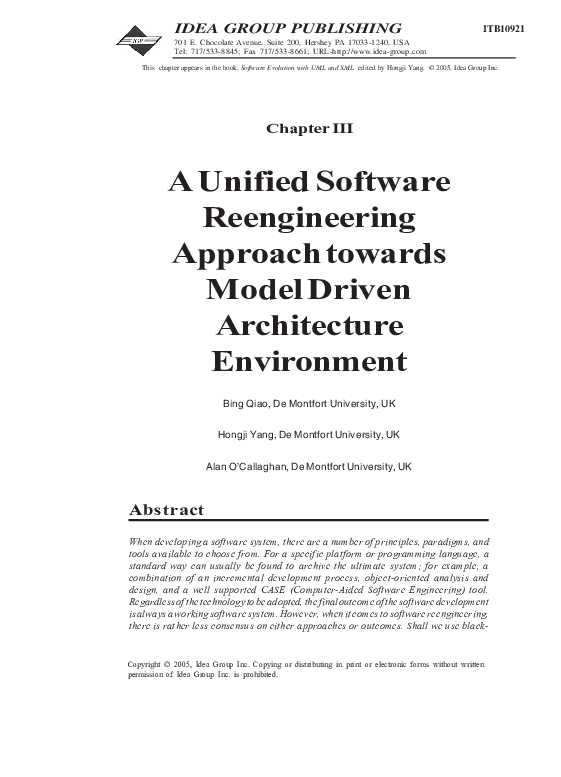 (PDF) A Unified Software Reengineering Approach towards Model Driven Architecture Environment