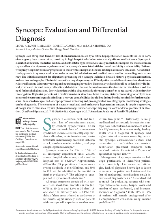 (PDF) Syncope: Evaluation and Differential Diagnosis
