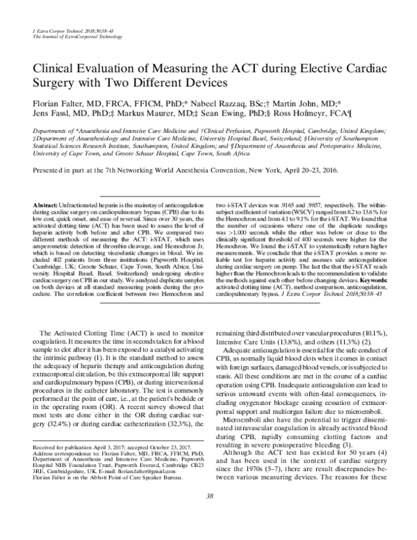 (PDF) Clinical Evaluation of Measuring the ACT during Elective Cardiac ...