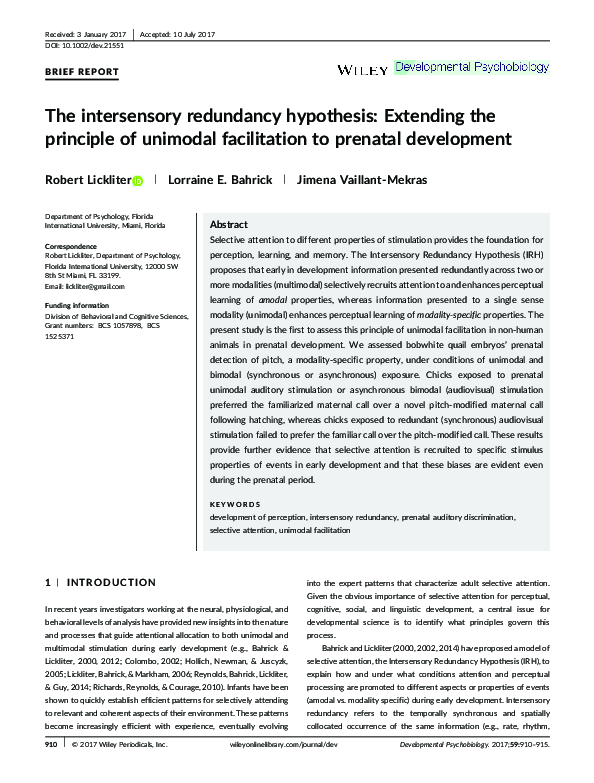 (PDF) The intersensory redundancy hypothesis: Extending the principle ...