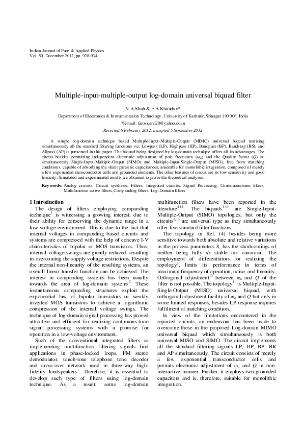 (PDF) Multiple-input-multiple-output log-domain universal biquad filter