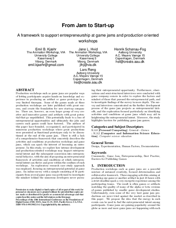 (PDF) From Jam to Start-up: A framework to support entrepreneurship at ...