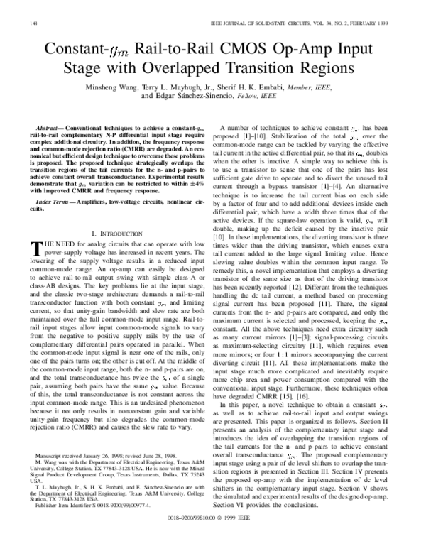 (PDF) Constant-gm rail-to-rail CMOS op-amp input stage with overlapped transition regions