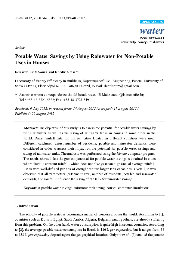 (PDF) Potable Water Savings by Using Rainwater for Non-Potable Uses in ...