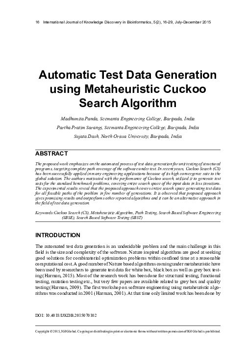 (PDF) Automatic Test Data Generation using Metaheuristic Cuckoo Search ...