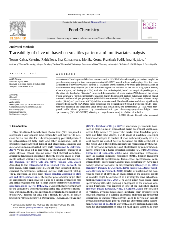 (PDF) Traceability of olive oil based on volatiles pattern and multivariate analysis