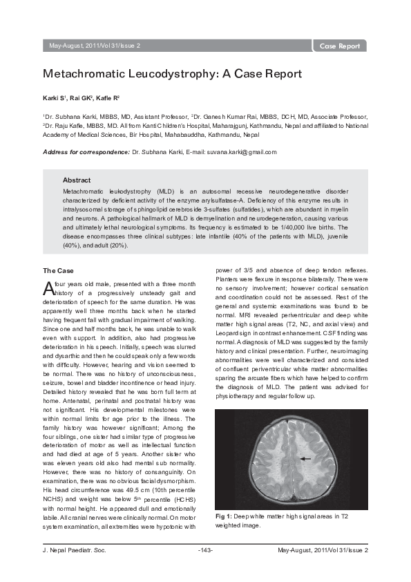 (PDF) Metachromatic Leucodystrophy: A Case Report