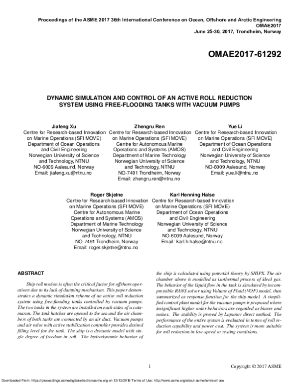 Pdf Dynamic Simulation And Control Of An Active Roll Reduction System