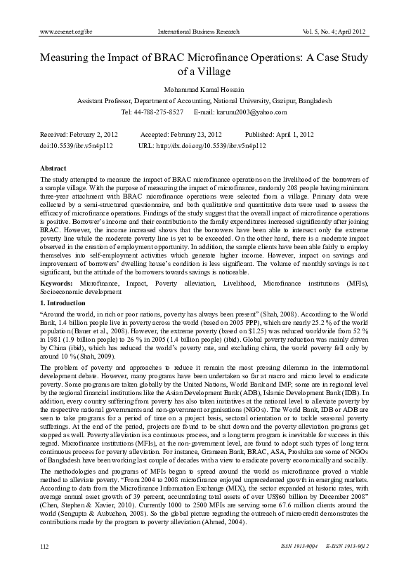 (PDF) Measuring the Impact of BRAC Microfinance Operations: A Case Study of a Village